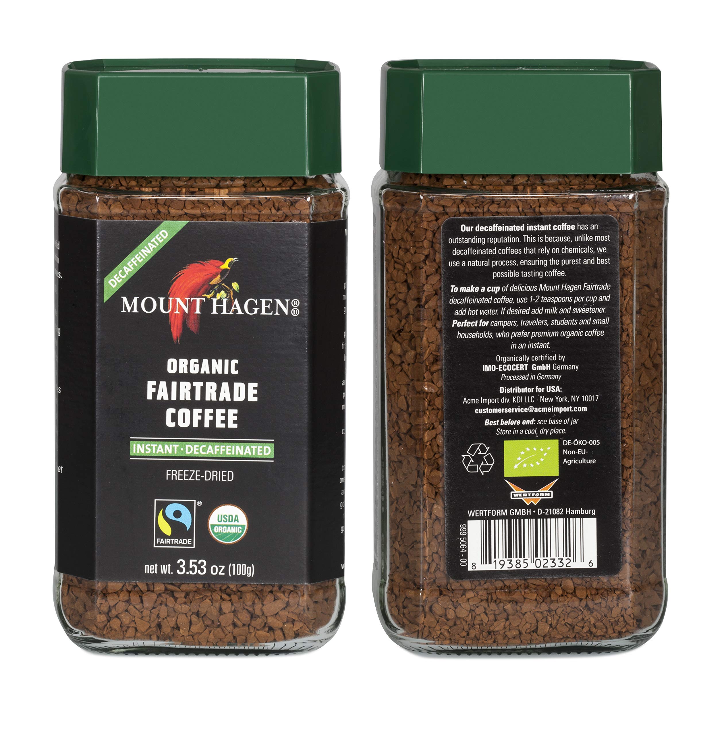 Mount Hagen 3.53oz Organic Freeze Dried Instant Decaf Coffee | Eco-friendly, Fair-Trade Decaffeinated Coffee Made From Organic Medium Roast Arabica Beans [3.53oz Jar]