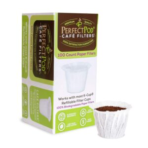 cafe filters paper liners for reusable k cup coffee pods by perfect pod - fits all brands, compatible with all refillable capsules - disposable paper filters (100-ct)