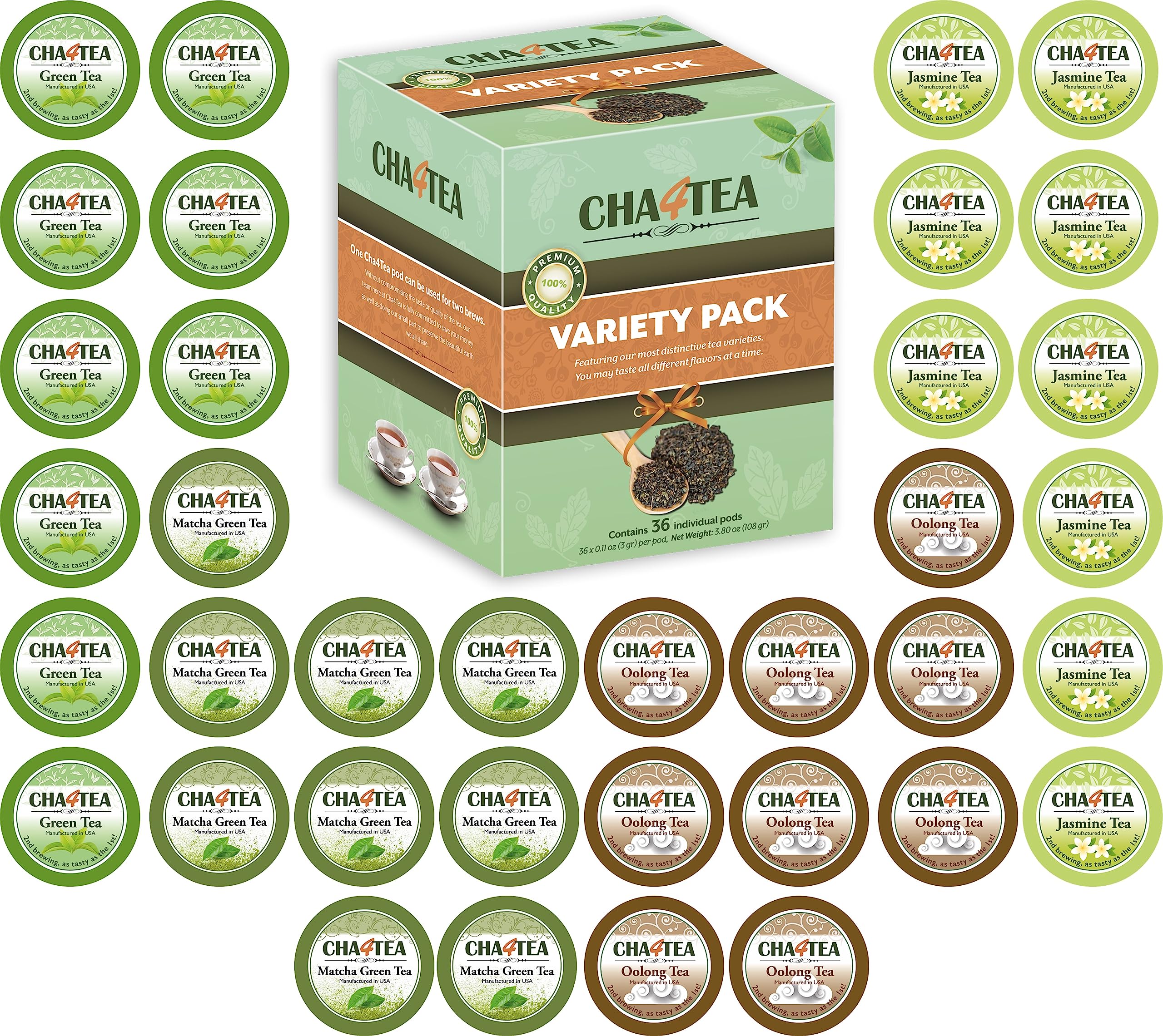 Cha4TEA 36-Count Assorted Green Tea for Keurig K-Cup Brewers (Matcha Green Tea, Green Tea, Jasmine /Oolong Green Tea)