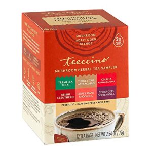 teeccino mushroom herbal tea - mushroom adaptogen tea sampler - support your health with mushrooms and adaptogenic herbs, prebiotic, caffeine free, acid free, 12 tea bags