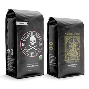 death wish coffee co. dark roast grounds 16 oz & valhalla java dark ground coffee 12 oz- extra kick of caffeine in 1 powerful bundle - hardcore coffee from arabica & robusta beans for tough days