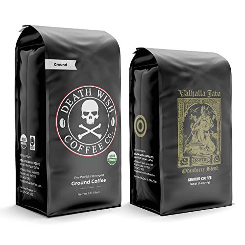 Death Wish Coffee Co. Dark Roast Grounds 16 Oz & Valhalla Java Dark Ground Coffee 12 Oz- Extra Kick of Caffeine in 1 Powerful Bundle - Hardcore Coffee from Arabica & Robusta Beans for Tough Days