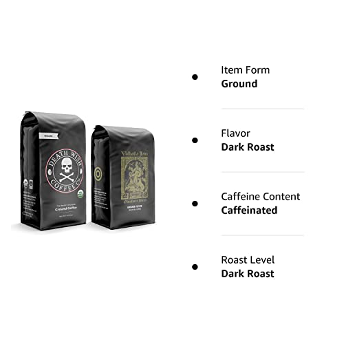 Death Wish Coffee Co. Dark Roast Grounds 16 Oz & Valhalla Java Dark Ground Coffee 12 Oz- Extra Kick of Caffeine in 1 Powerful Bundle - Hardcore Coffee from Arabica & Robusta Beans for Tough Days