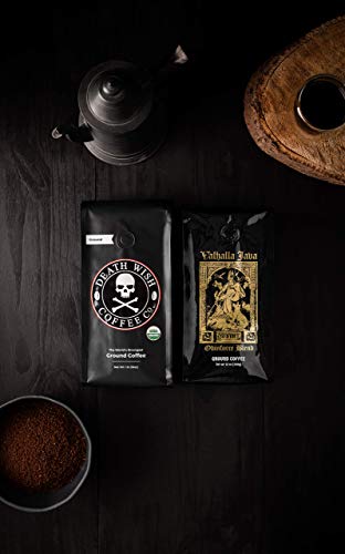 Death Wish Coffee Co. Dark Roast Grounds 16 Oz & Valhalla Java Dark Ground Coffee 12 Oz- Extra Kick of Caffeine in 1 Powerful Bundle - Hardcore Coffee from Arabica & Robusta Beans for Tough Days