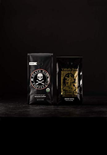 Death Wish Coffee Co. Dark Roast Grounds 16 Oz & Valhalla Java Dark Ground Coffee 12 Oz- Extra Kick of Caffeine in 1 Powerful Bundle - Hardcore Coffee from Arabica & Robusta Beans for Tough Days