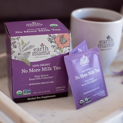 Earth Mama No More Milk Tea | Organic Herbal Tea Bags to Reduce Breast Milk Production, Stop Breastfeeding, & Wean Lactation Naturally, Postpartum Essentials, Decaf Tea With Hibiscus & Sage (16-Count)