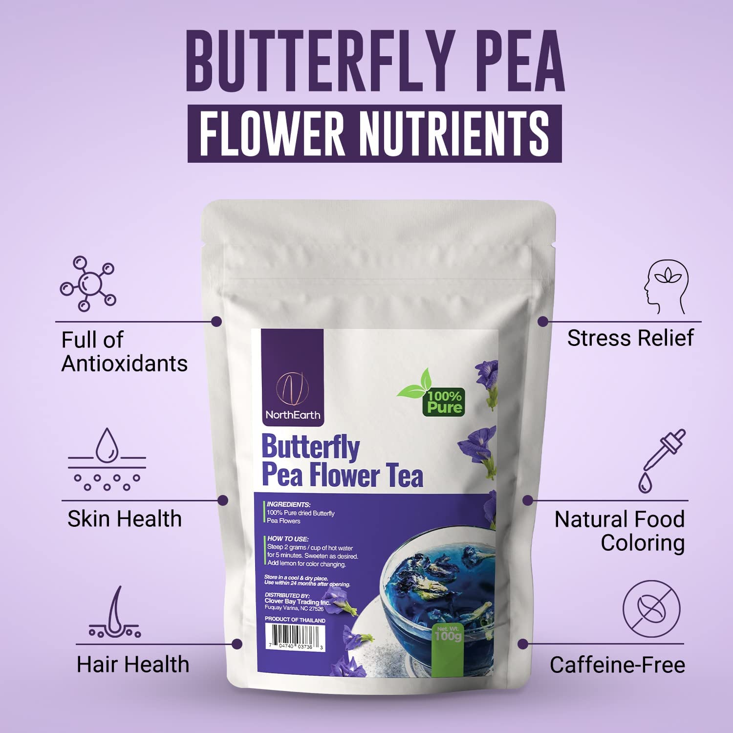 NorthEarth 100% Pure Butterfly Pea Flower Tea - 100 g