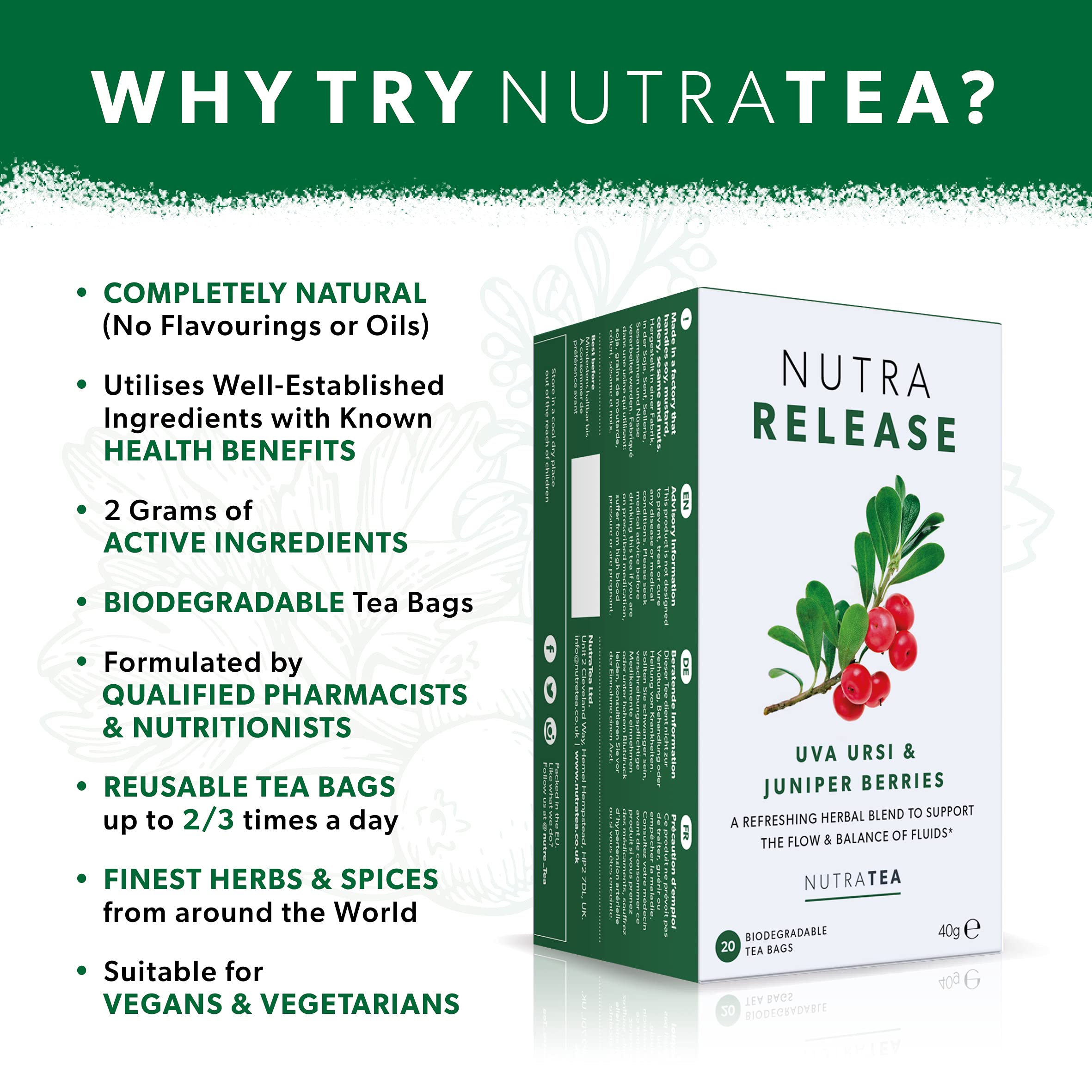 NUTRARELEASE - Kidney Tea | Bloated Stomach Tea – Includes Uva Ursi, Dandelion & Nettle - Assist With Water Retention & Digestion - 20 Enveloped Tea Bags - by Nutra Tea - Herbal Tea