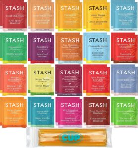 stash herbal & decaf tea sampler (40 count) 20 flavor assortment with by the cup honey sticks