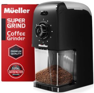 mueller supergrind burr coffee grinder electric with removable burr grinder part - 12 cups of coffee, 17 grind settings with 5,8oz/164g coffee bean hopper capacity, matte black