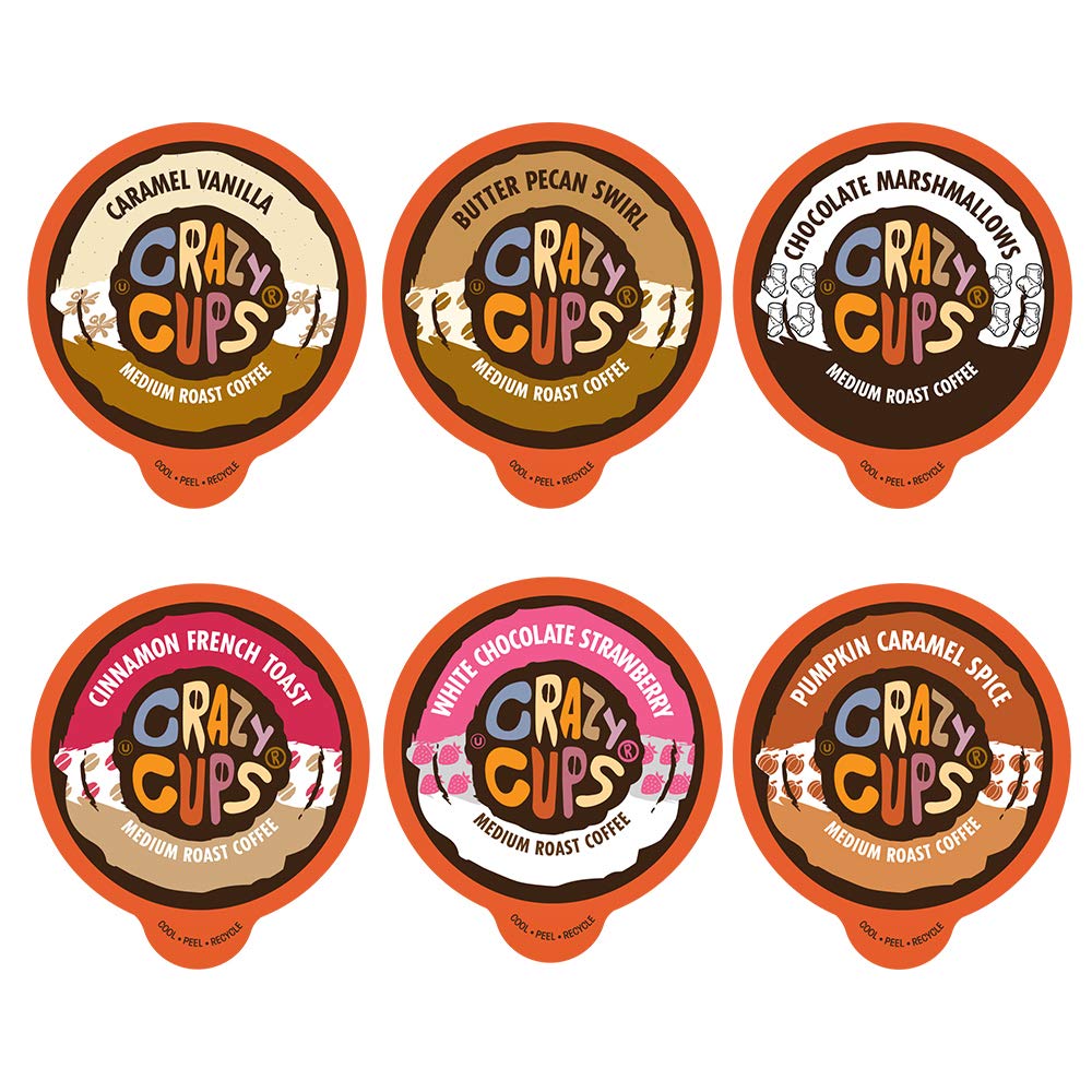 Crazy Cups Flavored Medium Roast Hot or Iced Coffee, Variety Recyclable Pods for Keurig K Cup Brewers, 24 Count