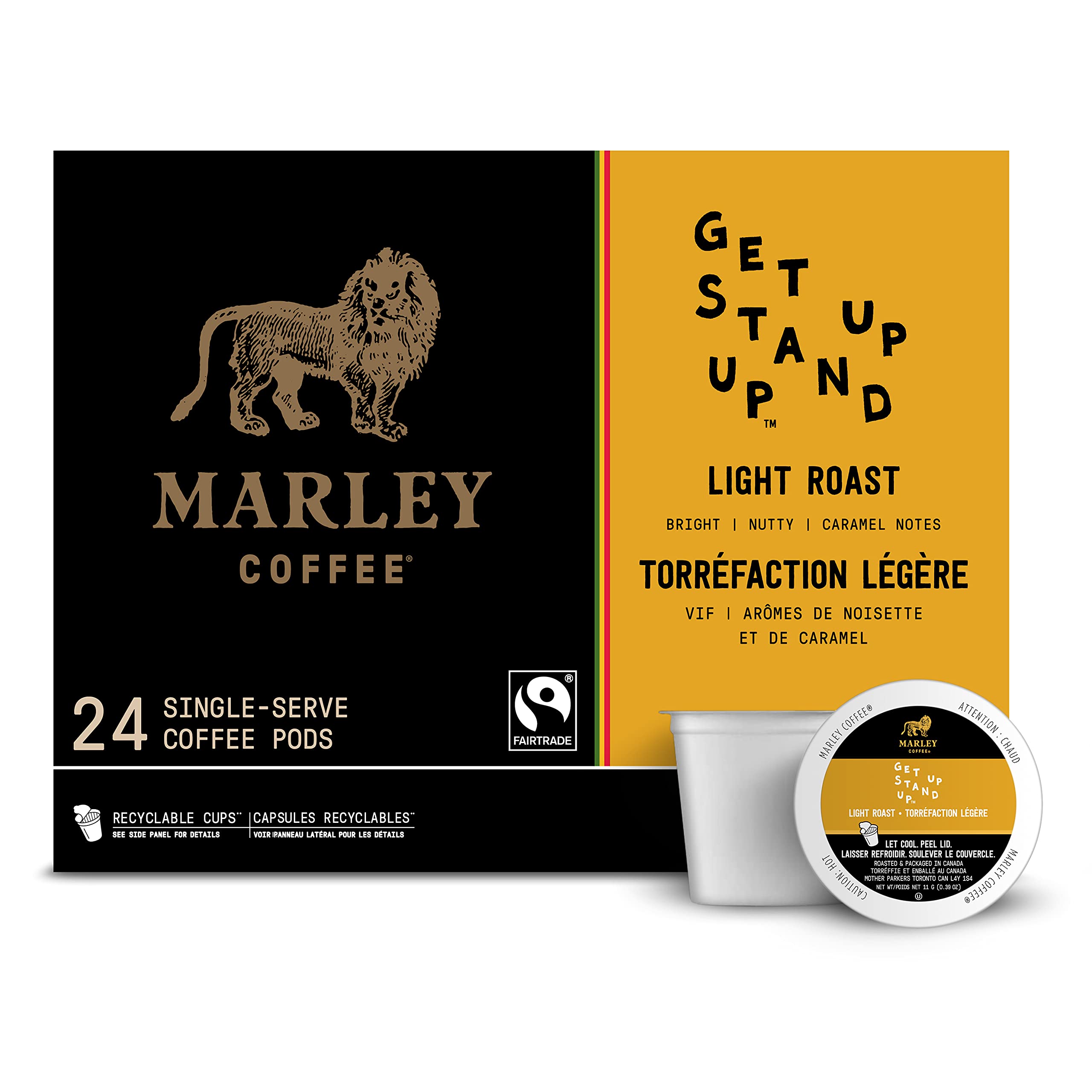 Marley Coffee Get Up Stand Up, Fairtrade Certified, Light Roast Coffee, Keurig K-Cup Brewer Compatible Pods, 24 Count