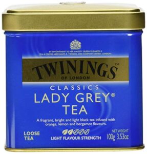 twinings lady grey loose leaf tea, fragrant, bright and light black tea infused with orange, lemon, and bergamot flavors, aromatic and flavorful blend, 3.53 oz