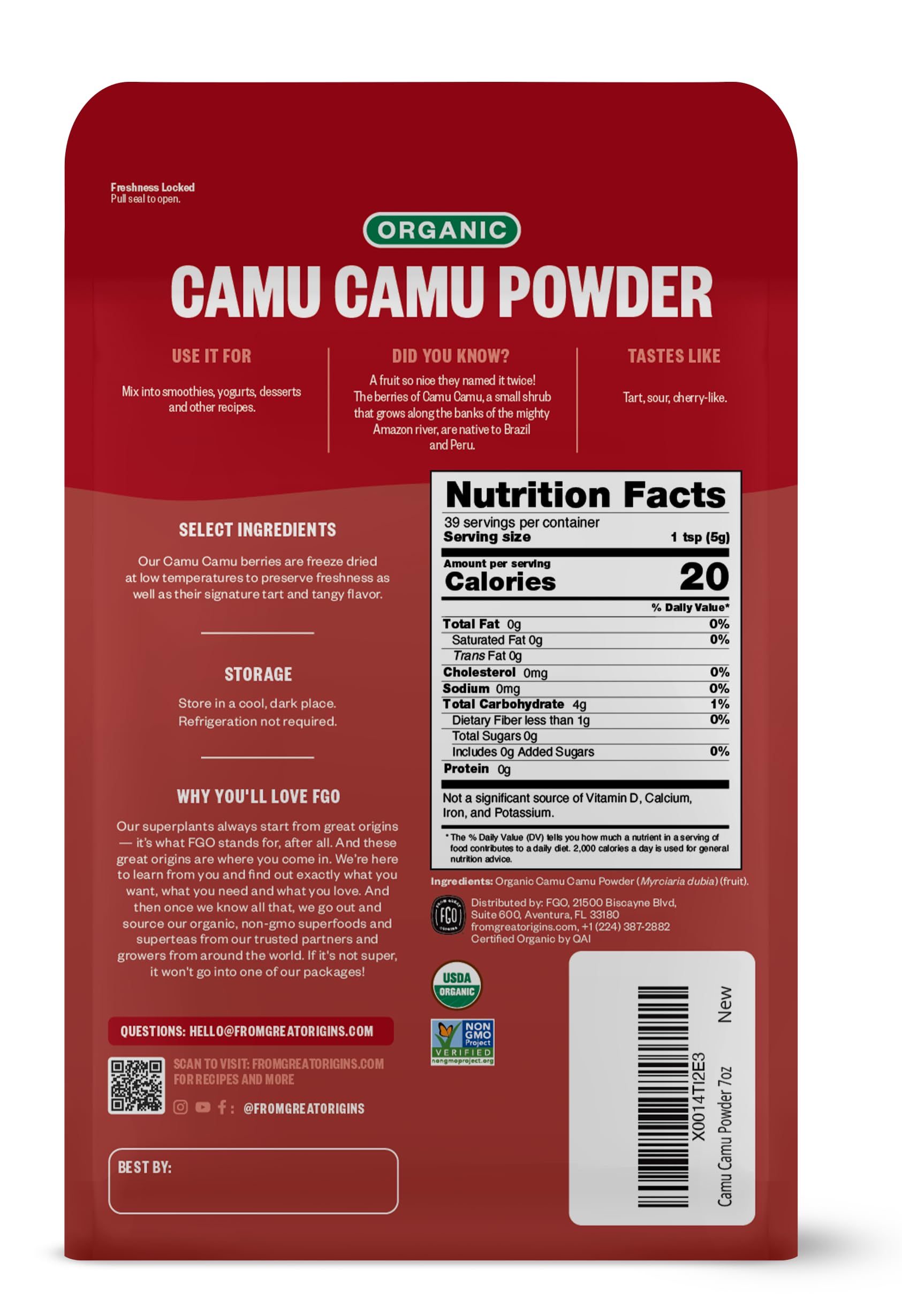 FGO Organic Freeze-Dried Camu Powder, 100% Raw From Brazil, 7oz, Packaging May Vary (Pack of 1)