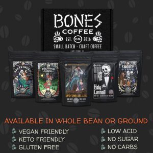 Bones Coffee Company NEW Flavors! Favorite Flavors Sample Pack | 4 oz Pack of 5 Assorted Ground Coffee Beans | Low Acid Medium Roast Gourmet Coffee Beverages (Ground)