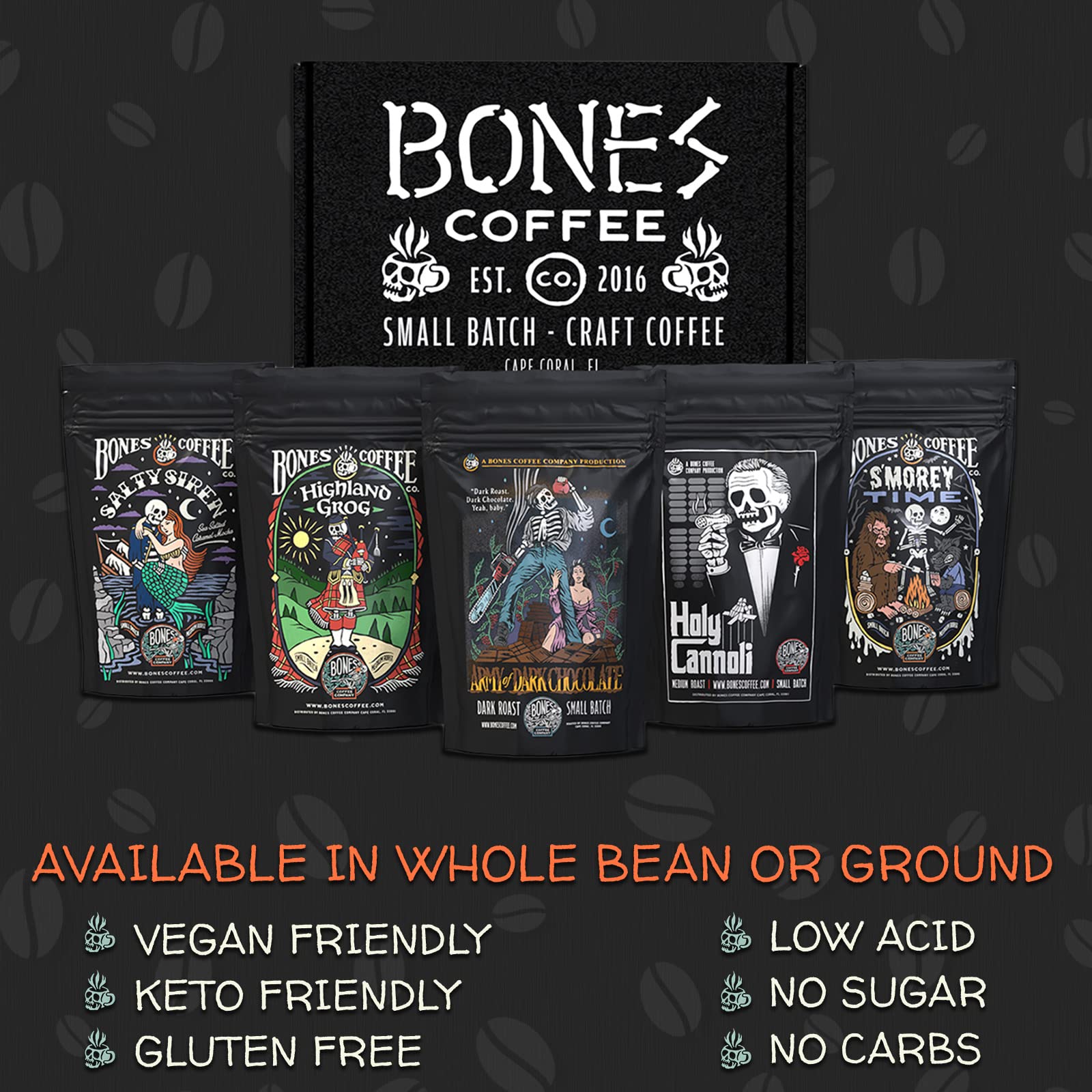 Bones Coffee Company NEW Flavors! Favorite Flavors Sample Pack | 4 oz Pack of 5 Assorted Ground Coffee Beans | Low Acid Medium Roast Gourmet Coffee Beverages (Ground)