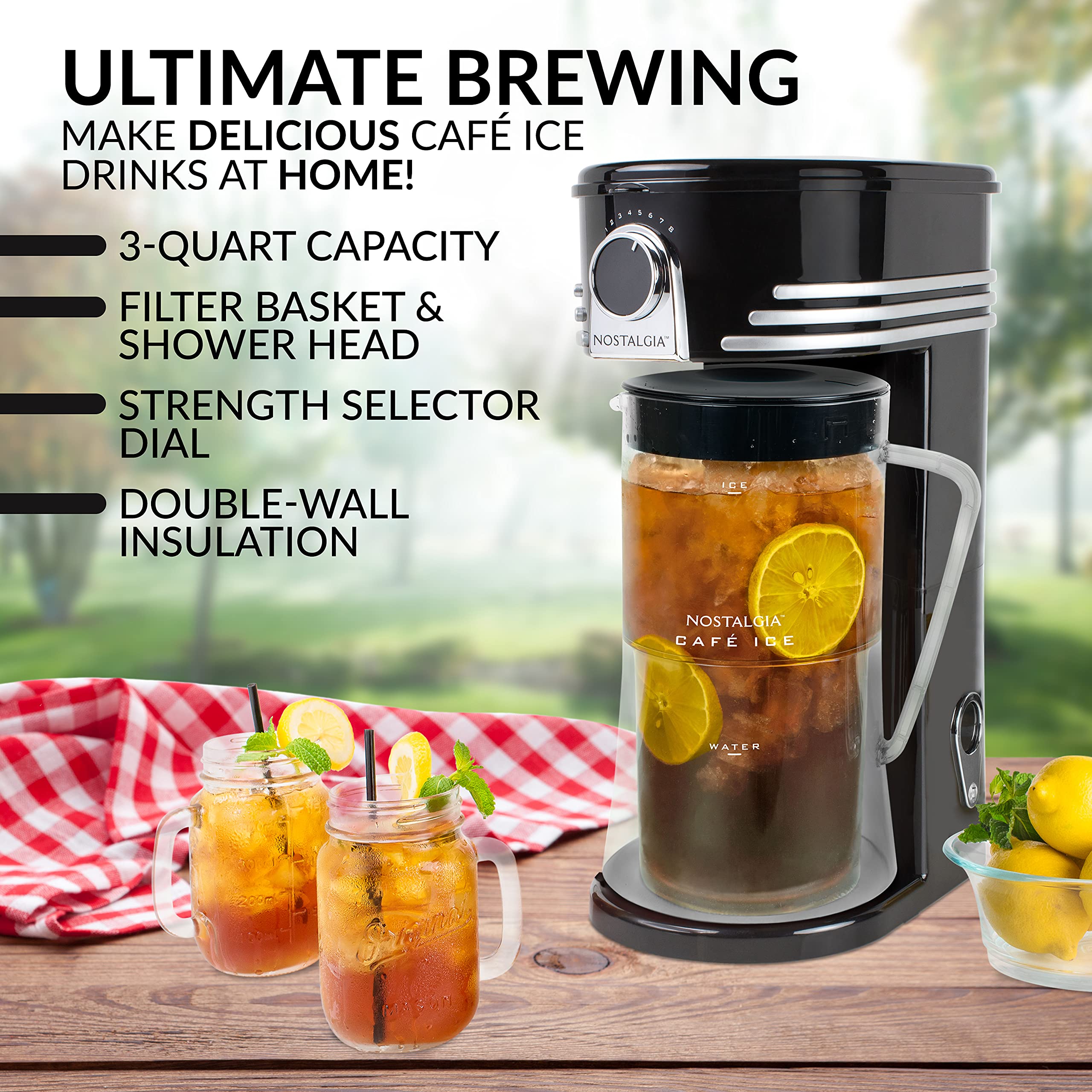 Nostalgia 3-Quart Iced Tea & Coffee Brewing System With Double-Insulated Pitcher, Strength Selector & Infuser Chamber, Also Perfect For Lattes, Lemonade, Flavored Water, Black