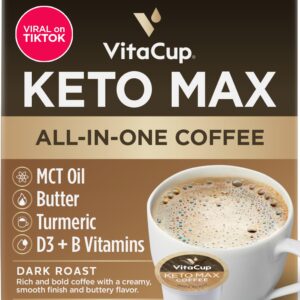 VitaCup Keto Max Dark Roast Coffee Pods, Ketosis & Energy, Butter, MCT Oil, Turmeric, B Vitamins, D3, All-In-One Keto Recyclable Single Serve Pod Compatible w/Keurig K-Cup Brewers,18 Ct