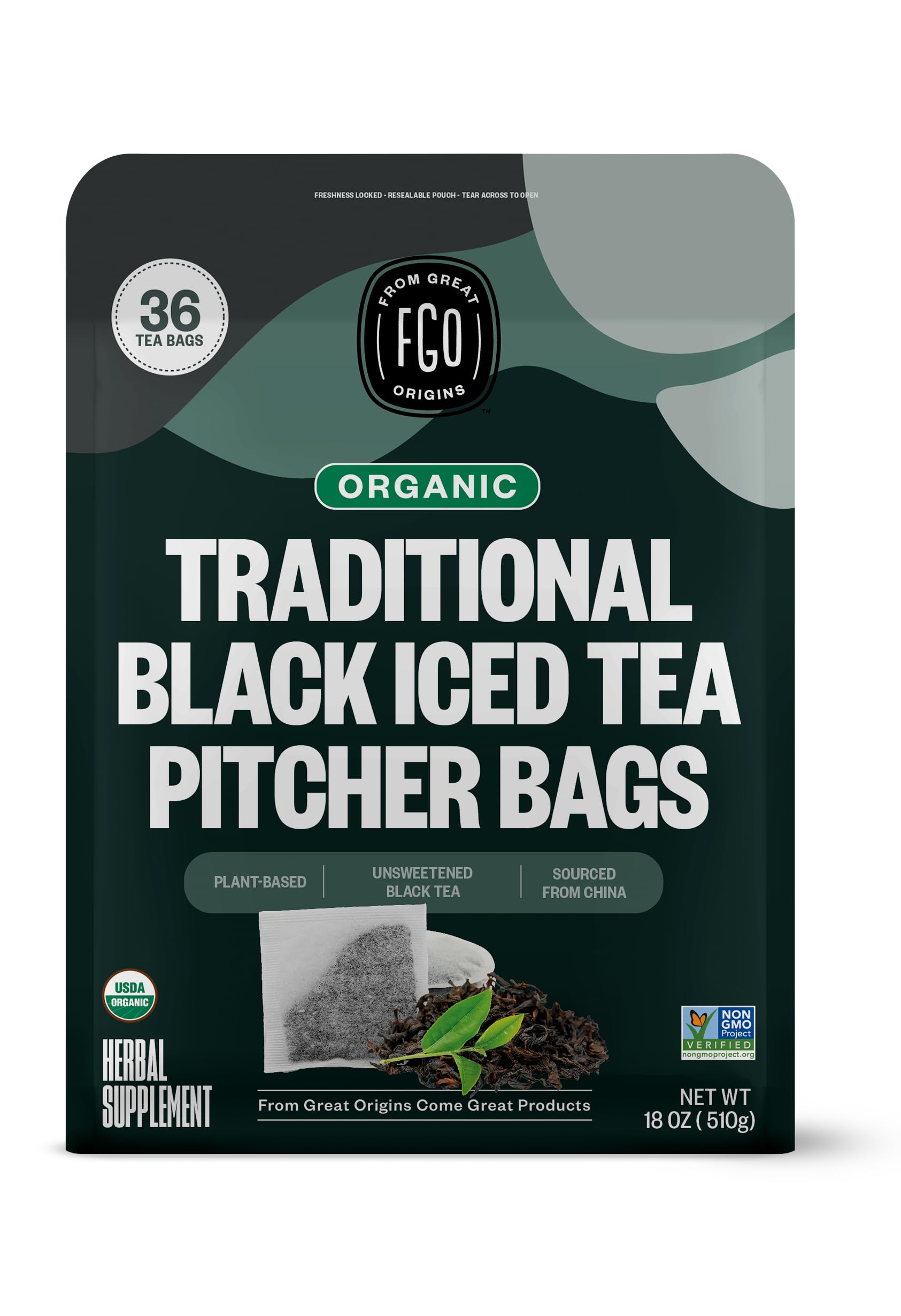 FGO Organic Black Iced Tea, Eco-Conscious Tea Bags, 36 Pitcher Bags, Packaging May Vary (Pack of 1)