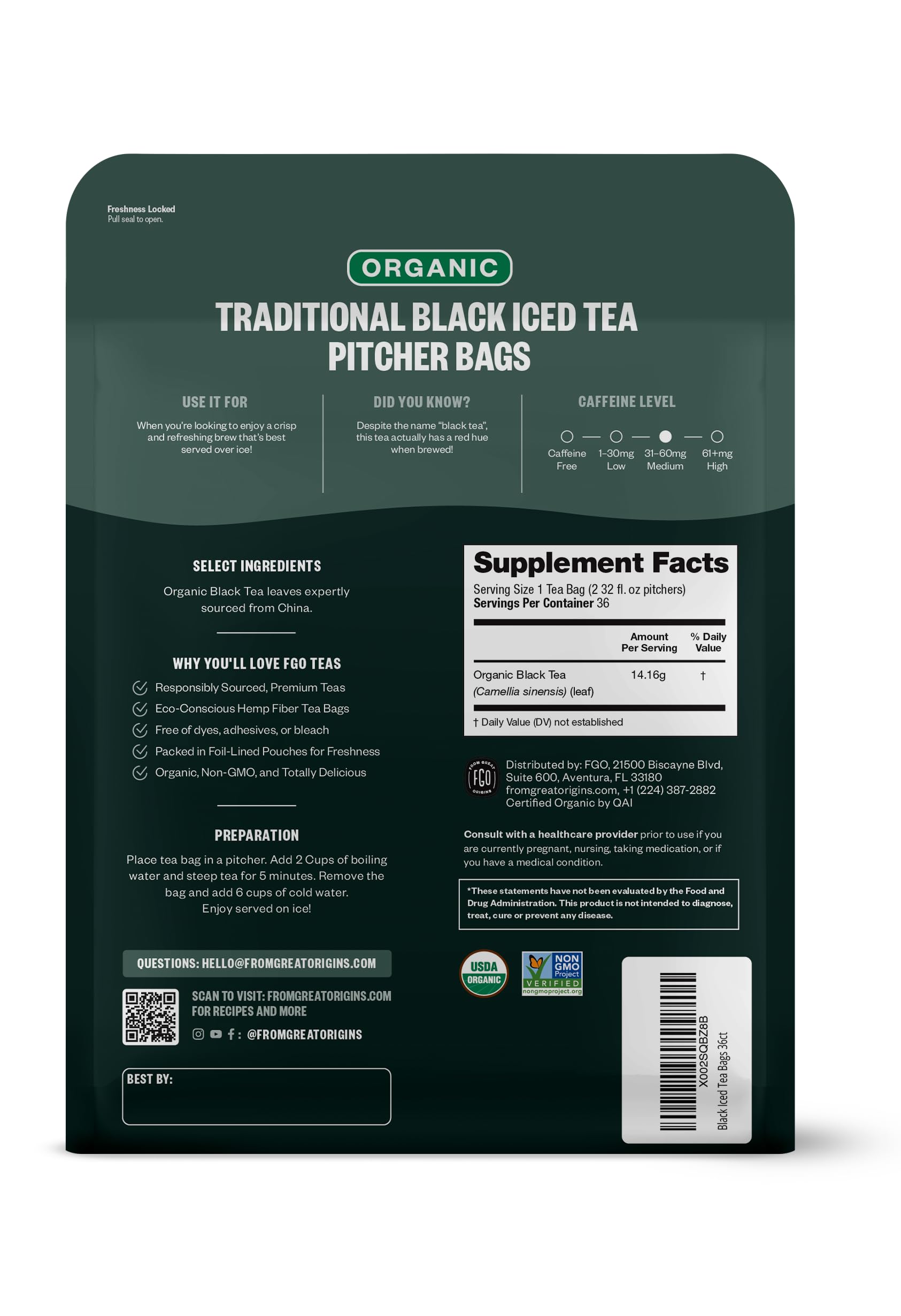 FGO Organic Black Iced Tea, Eco-Conscious Tea Bags, 36 Pitcher Bags, Packaging May Vary (Pack of 1)