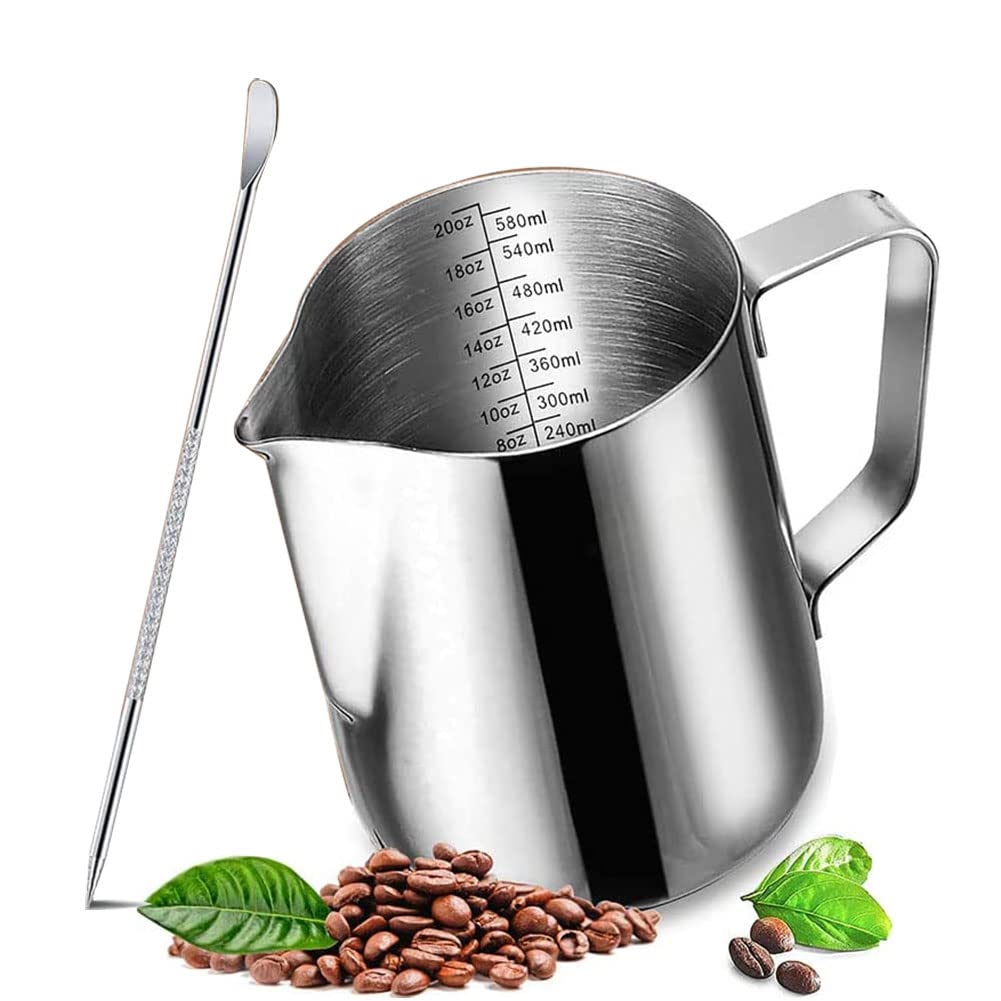 20 oz Milk Frothing Pitcher, 304 stainless steel 600ml milk can coffee frothing cup with art deco pen milk jug coffee cup used to make cappuccino latte