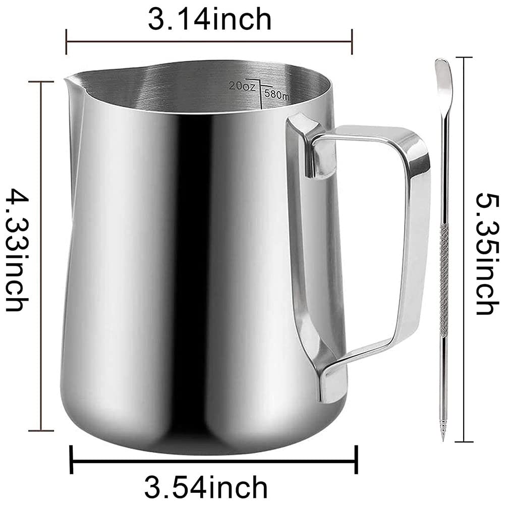 20 oz Milk Frothing Pitcher, 304 stainless steel 600ml milk can coffee frothing cup with art deco pen milk jug coffee cup used to make cappuccino latte