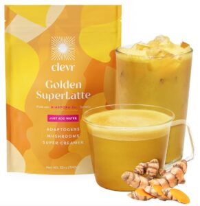 clevr blends turmeric powder oat milk instant latte mix, golden milk, moon milk latte organic spices, coconut superfood creamer superlatte, adaptogens, reishi and lion’s mane mushrooms and probiotics