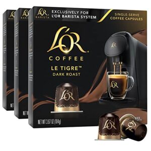 l'or coffee pods, 30 capsules le tigre dark roast blend, single cup aluminum coffee capsules exclusively compatible with the l'or barista system