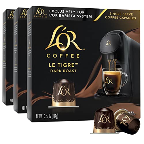 L'OR Coffee Pods, 30 Capsules Le Tigre Dark Roast Blend, Single Cup Aluminum Coffee Capsules Exclusively Compatible with the L'OR BARISTA System