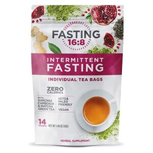 fasting 16:8 intermittent fasting individual tea bags - 0 sugar - 0 calories - vegan - gluten & diary free - 14 count - pantry friendly, brown