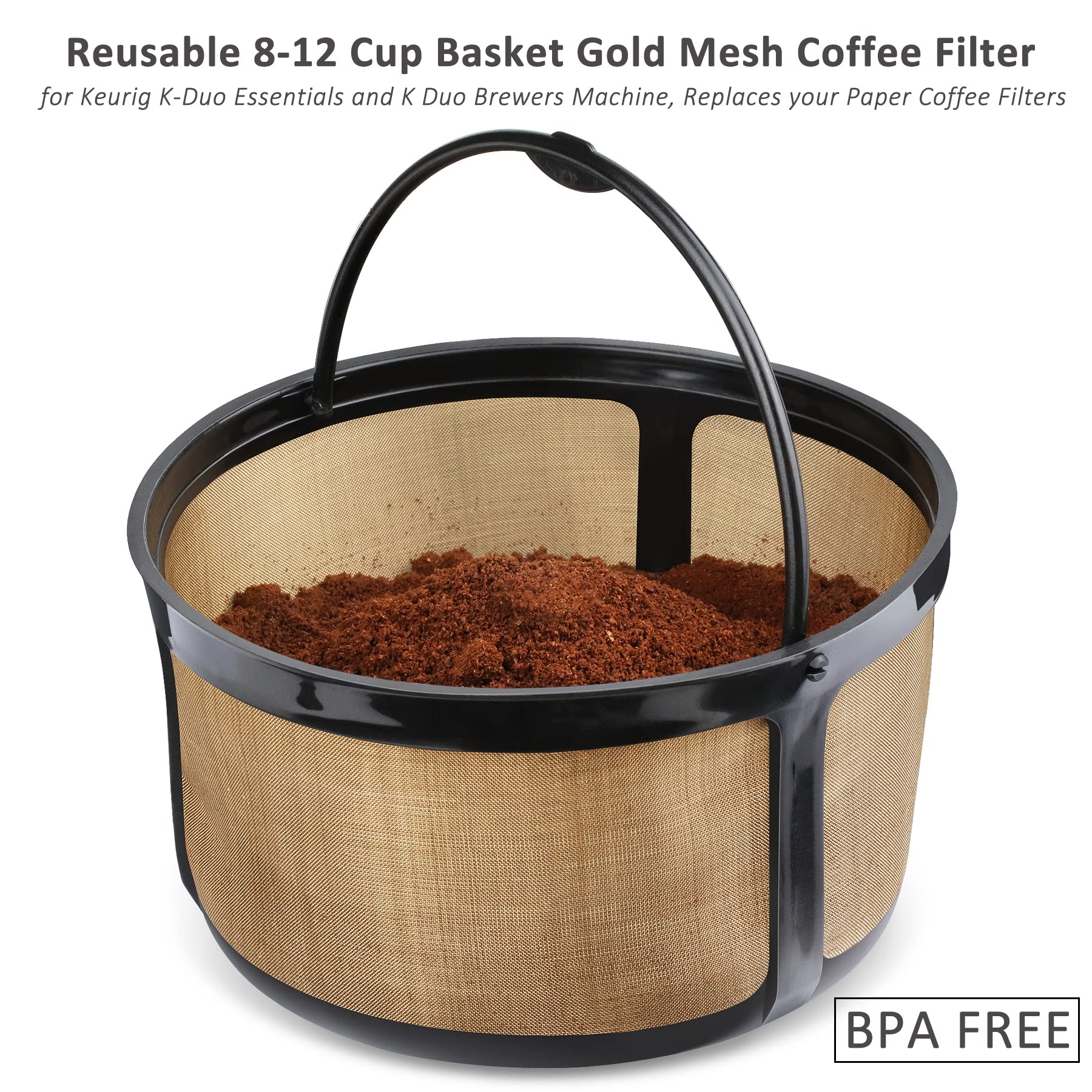 Reusable 8-12 Cup Basket Gold Mesh Coffee Filter for Keurig K-Duo Essentials and K Duo Brewers Machine, Replaces your Paper Coffee Filters, BPA Free (1 Pack)