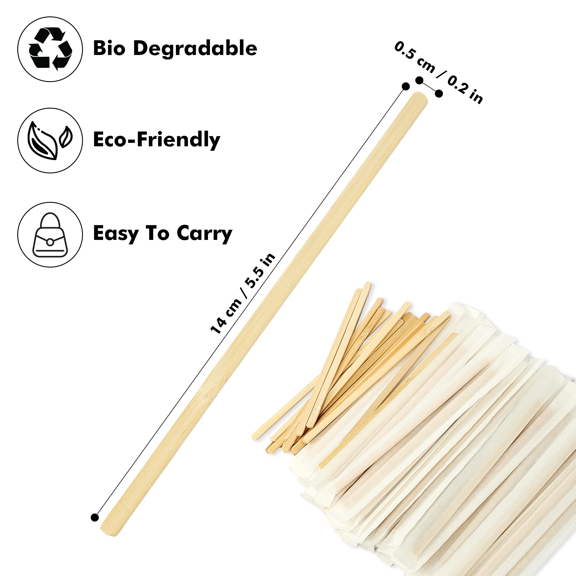 100pcs Bamboo Coffee Stirrers Individually Wrapped, 5.5 Inch Disposable Wood Swizzle Stick Beverage Mixer, Eco Friendly Long Wood Stir Sticks for Mixing Cocktail Hot Chocolate Drinking Tea