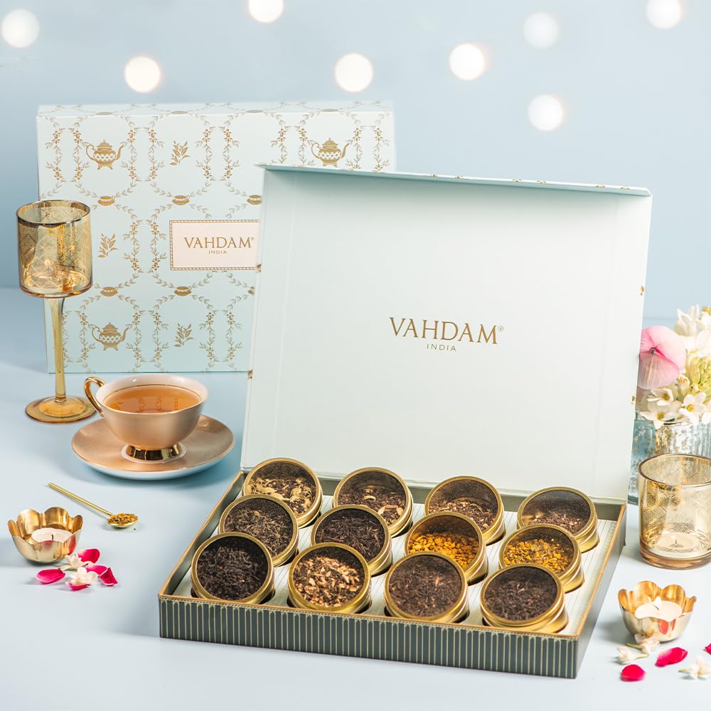 VAHDAM, Assorted Tea Gift Sets - Bloom (8.8oz, 125+ Cups) 12 Loose Leaf Tea - Green Tea, Chai Tea, Herbal Tea, Black Tea | Gluten Free, Non GMO | Gifts for Women, Gifts for Men, Gifts for Him/Her