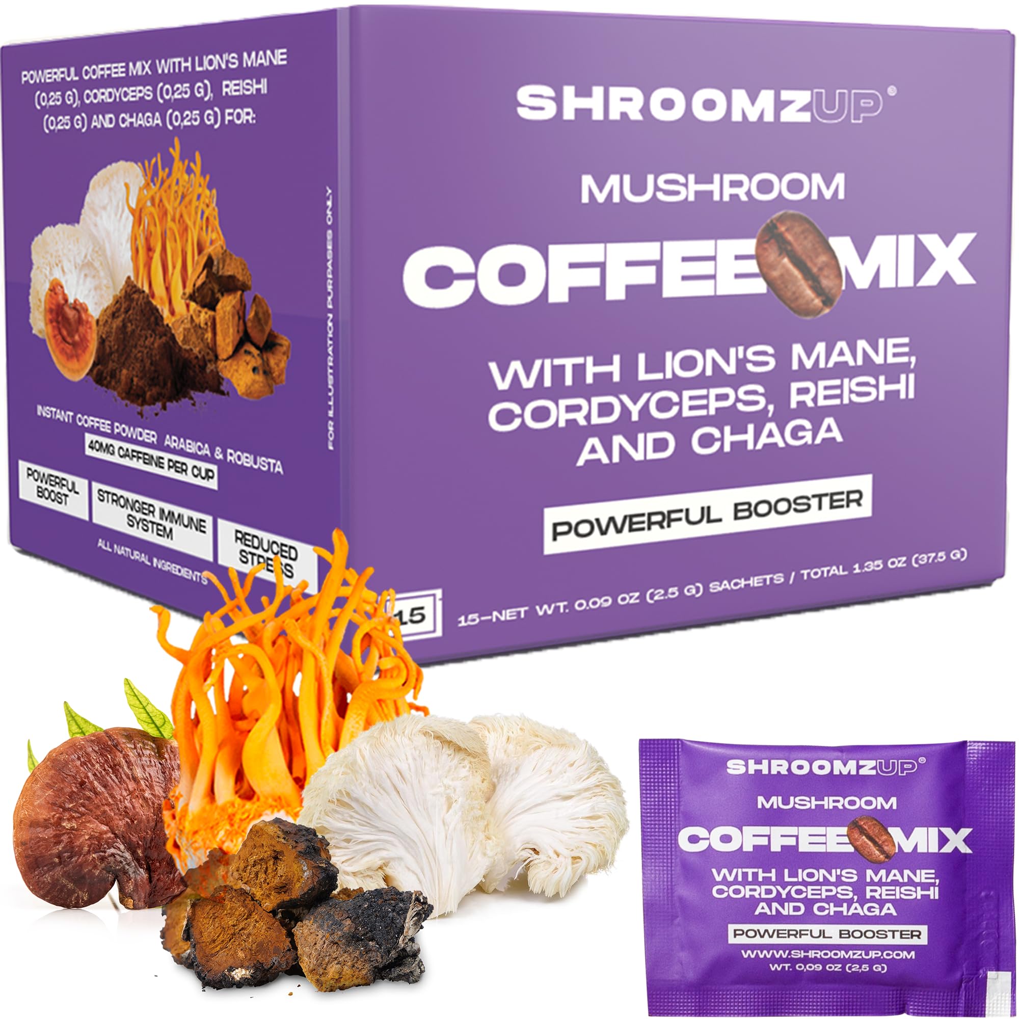 ShroomzUp Mushroom Coffee Instant - 15 Pack with 4 Mushrooms - Lion’s Mane, Reishi, Chaga and Cordyceps Mushrooms - Vegan Nootropic Coffee Instant - Arabica and Robusta Superfood Instant Shrooms Coffee for Energy