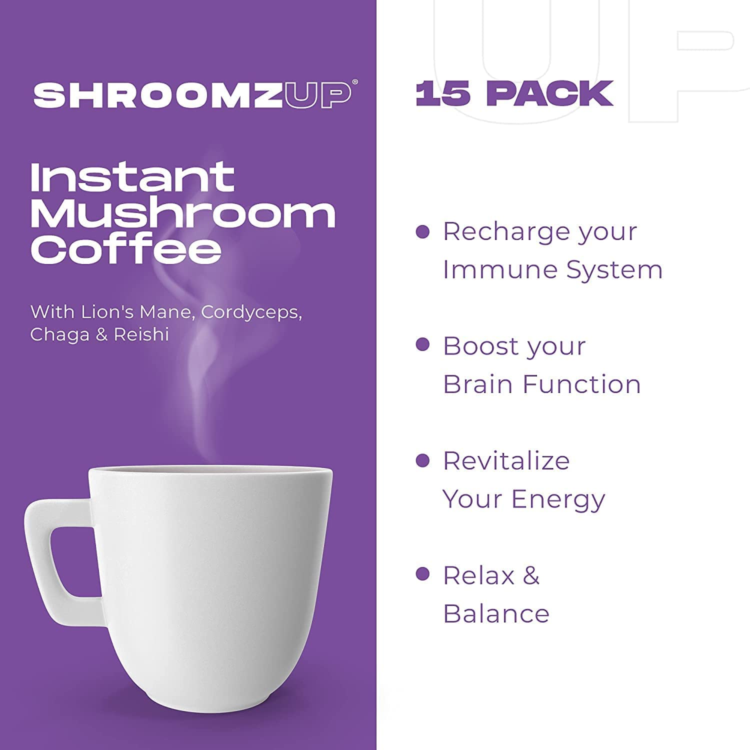 ShroomzUp Mushroom Coffee Instant - 15 Pack with 4 Mushrooms - Lion’s Mane, Reishi, Chaga and Cordyceps Mushrooms - Vegan Nootropic Coffee Instant - Arabica and Robusta Superfood Instant Shrooms Coffee for Energy