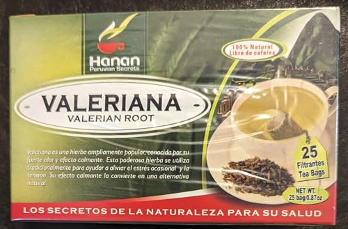 Hanan Valerian Root Tea (Valeriana) - 25 Herbal Tea Bags from Peru – Nature’s Calming Supplement for Relaxation Before Bed – 1000mg Valeerian Valerain per Filtered Teabag