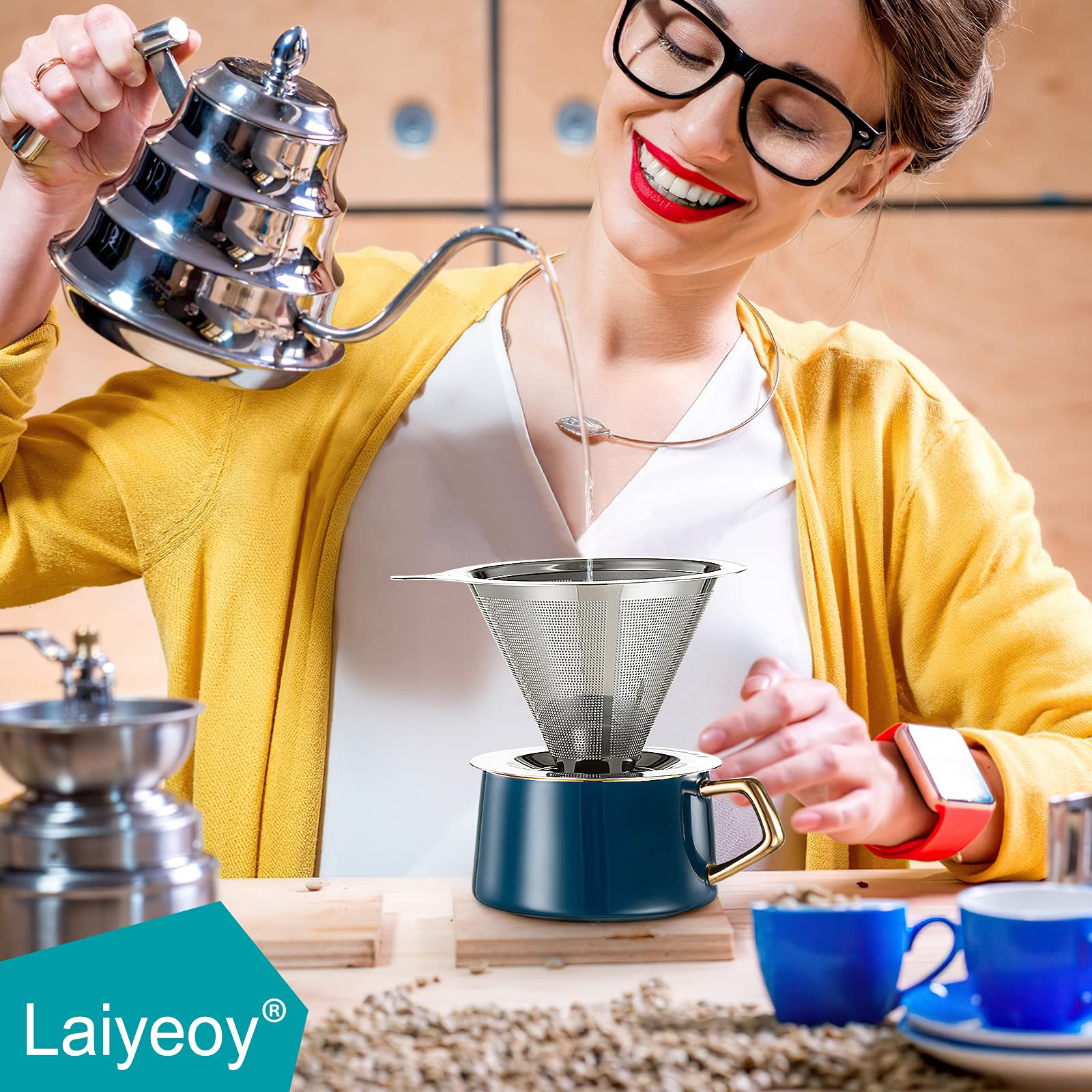 Laiyeoy Pour Over Coffee Dripper, Slow Drip Paperless Coffee Filter, Stainless Steel Pour Over Coffee Maker for Single Cup Brew, Double Mesh Design of Manual Reusable Cone Filter.