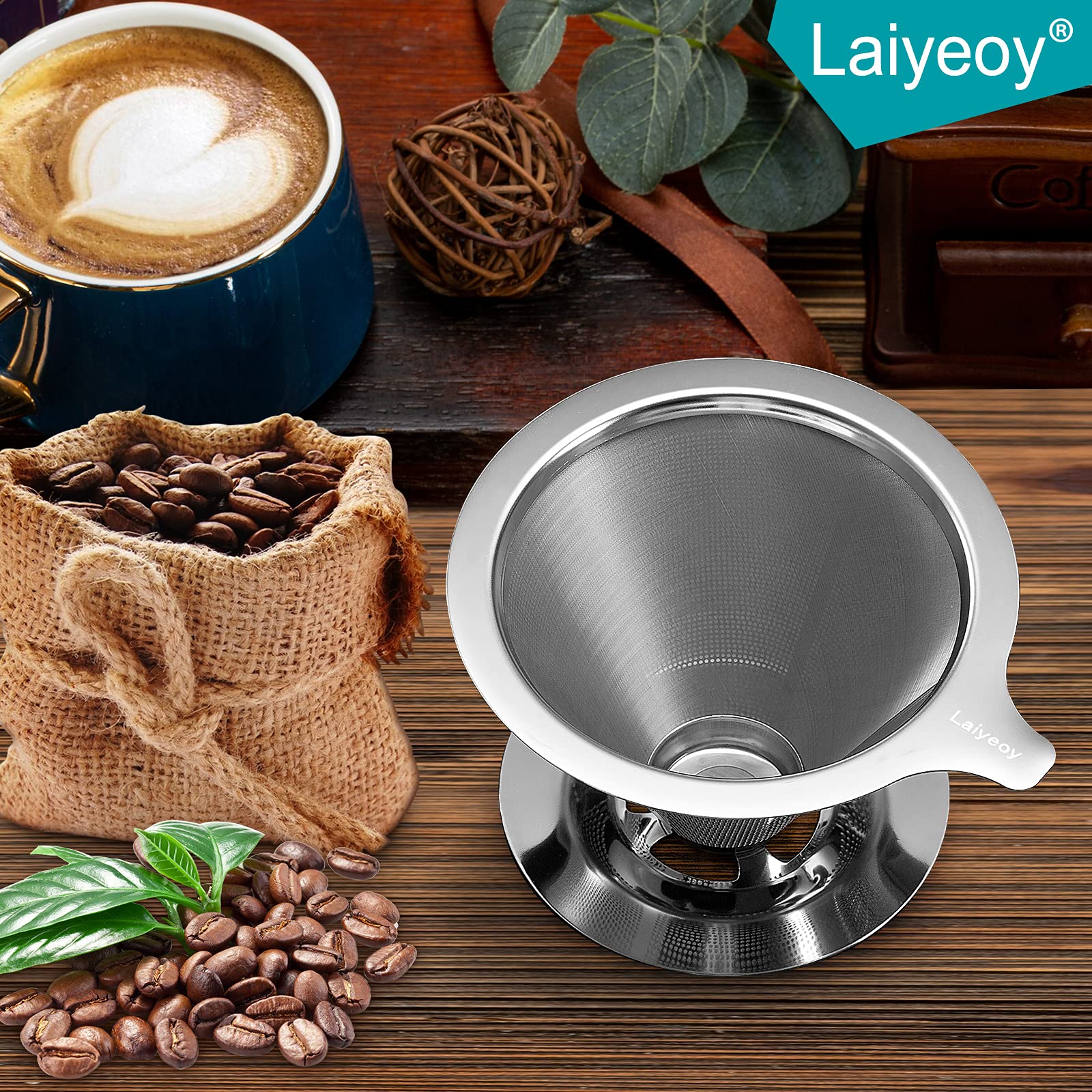 Laiyeoy Pour Over Coffee Dripper, Slow Drip Paperless Coffee Filter, Stainless Steel Pour Over Coffee Maker for Single Cup Brew, Double Mesh Design of Manual Reusable Cone Filter.