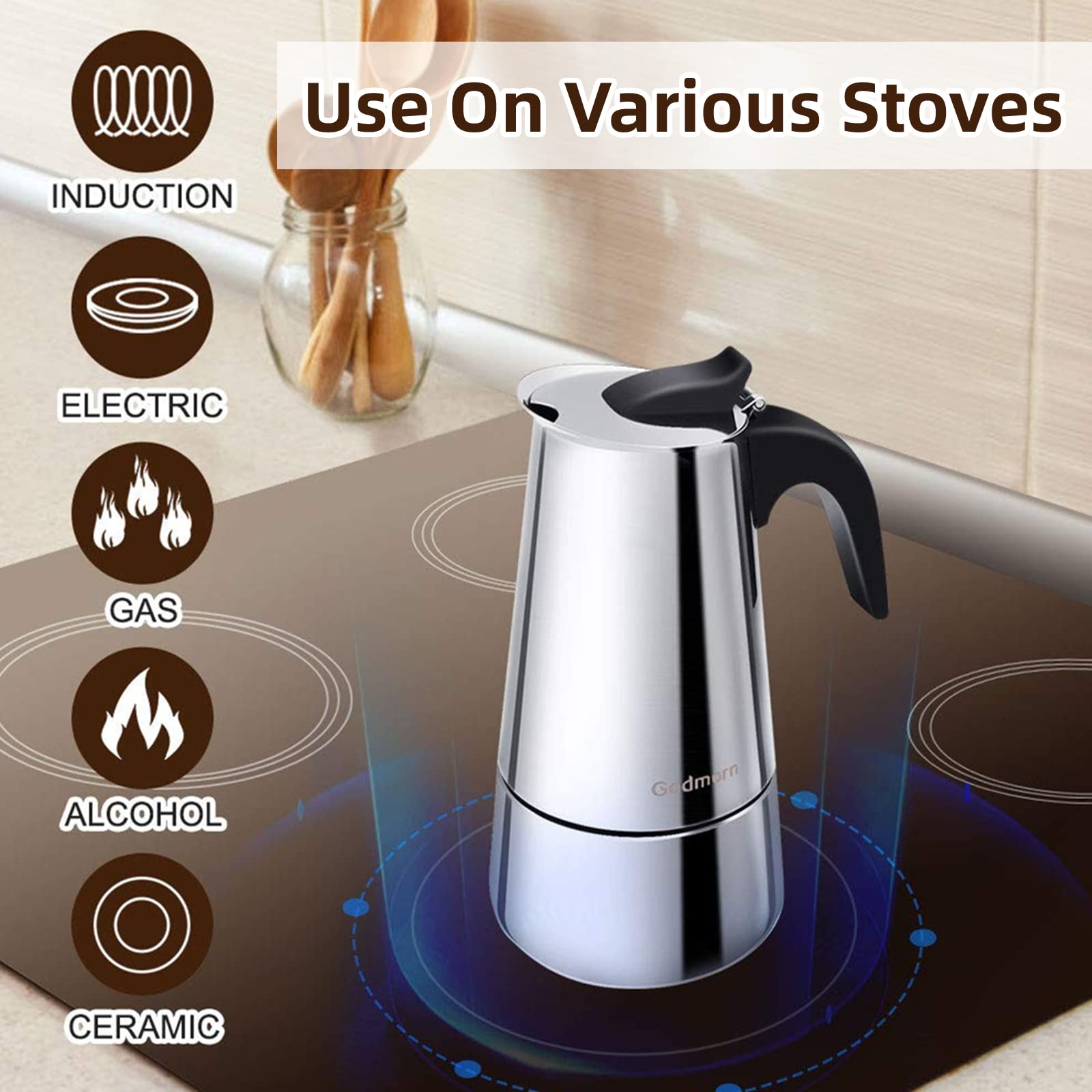 Godmorn Stovetop Espresso Maker, Moka Pot, Percolator Italian Coffee Maker, 300ml/10oz/6 cup (espresso cup=50ml), Classic Cafe Maker, stainless steel , suitable for induction cookers