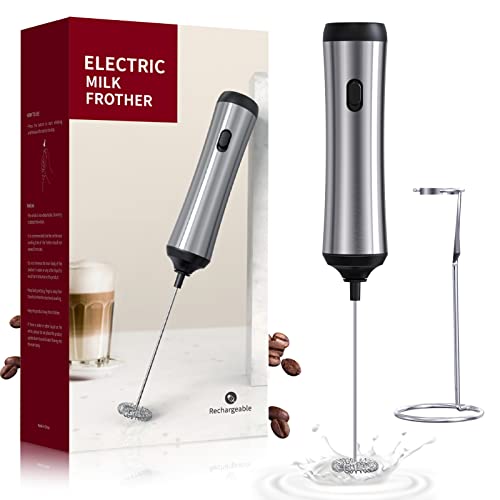 Frother Handheld, Electric Milk Frother, USB C Rechargeable Milk Frother, Mini Frother with Stand, Kitchen Gift Hand Frother for Coffee Cappuccino, Frappe, Matcha, Hot Chocolate-Stainless Steel Silver