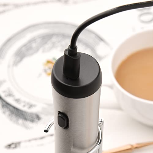 Frother Handheld, Electric Milk Frother, USB C Rechargeable Milk Frother, Mini Frother with Stand, Kitchen Gift Hand Frother for Coffee Cappuccino, Frappe, Matcha, Hot Chocolate-Stainless Steel Silver