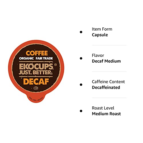 EKOCUPS Organic Swiss Water Decaf Medium Roast Coffee Pods, 30% More Coffee Per Cup, Fair Trade Decaffeinated Coffee for Keurig K Cup Machines, Recyclable Pods, 40 Count