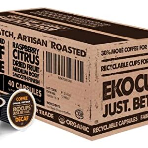 EKOCUPS Organic Swiss Water Decaf Medium Roast Coffee Pods, 30% More Coffee Per Cup, Fair Trade Decaffeinated Coffee for Keurig K Cup Machines, Recyclable Pods, 40 Count