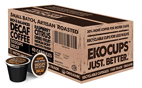 EKOCUPS Organic Swiss Water Decaf Medium Roast Coffee Pods, 30% More Coffee Per Cup, Fair Trade Decaffeinated Coffee for Keurig K Cup Machines, Recyclable Pods, 40 Count