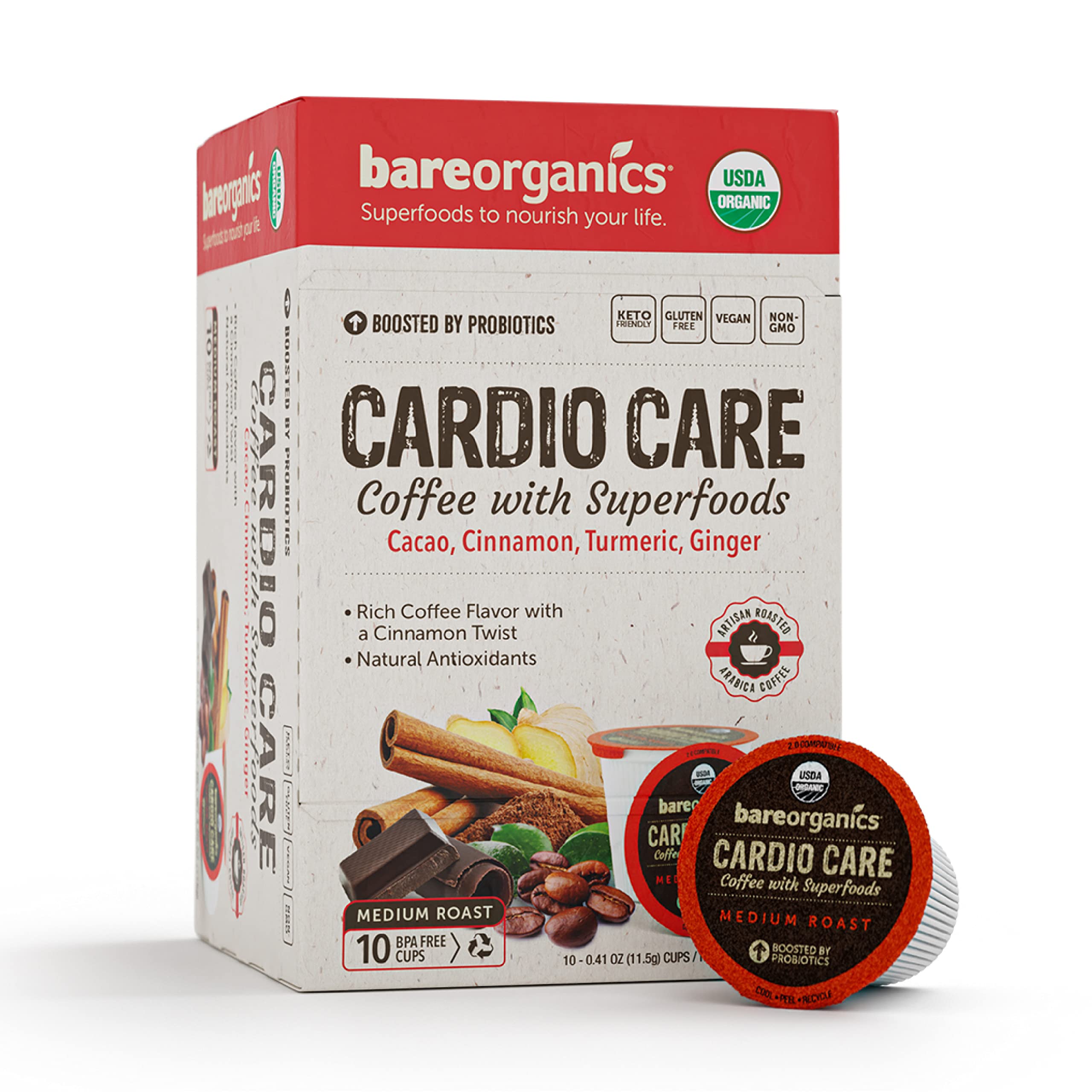 BareOrganics 13313 Cardio Care USDA Organic Coffee Pods, Keurig K-Cup Compatible Organic Coffee Pods, Infused with Superfoods & Probiotics, Vegan Friendly, Gluten Free, 10 Single Serve Cups