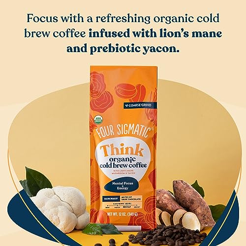 FOUR SIGMATIC Organic Cold Brew Coffee Grounds | Dark Roast, Fair Trade Coarse Grounds with Lion's Mane and Chaga | Cold Brew Mushroom Coffee for Crash-Free Focus | 12 oz Bag