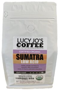 lucy jo's coffee, organic sumatra, low acid, dark roast, ground, 11 oz.