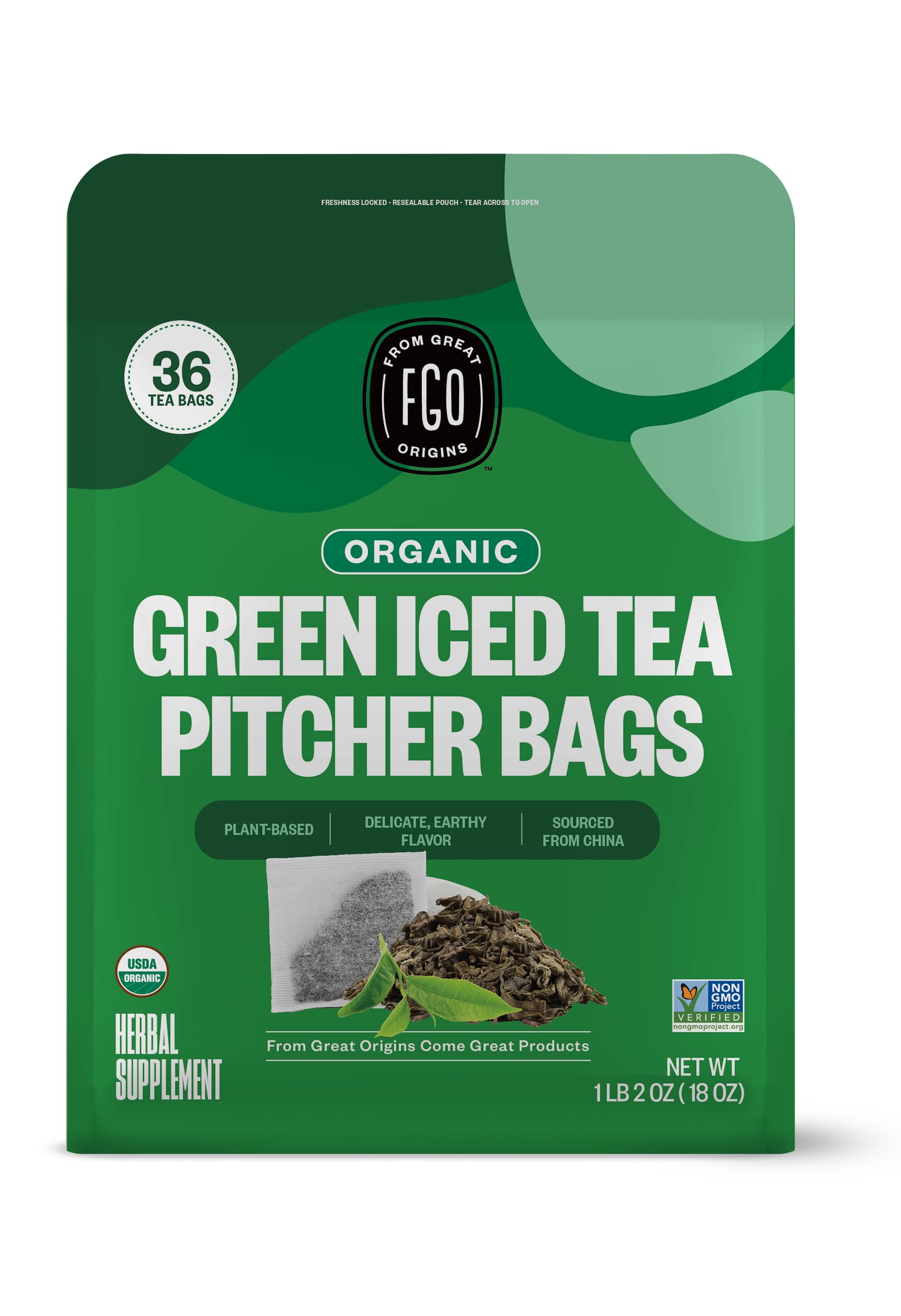 FGO Organic Green Iced Tea, Eco-Conscious Tea Bags, 36 Pitcher Bags, Packaging May Vary (Pack of 1)