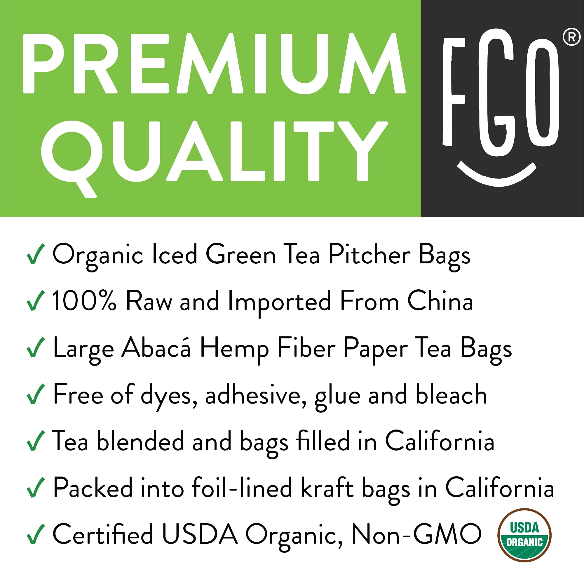 FGO Organic Green Iced Tea, Eco-Conscious Tea Bags, 36 Pitcher Bags, Packaging May Vary (Pack of 1)