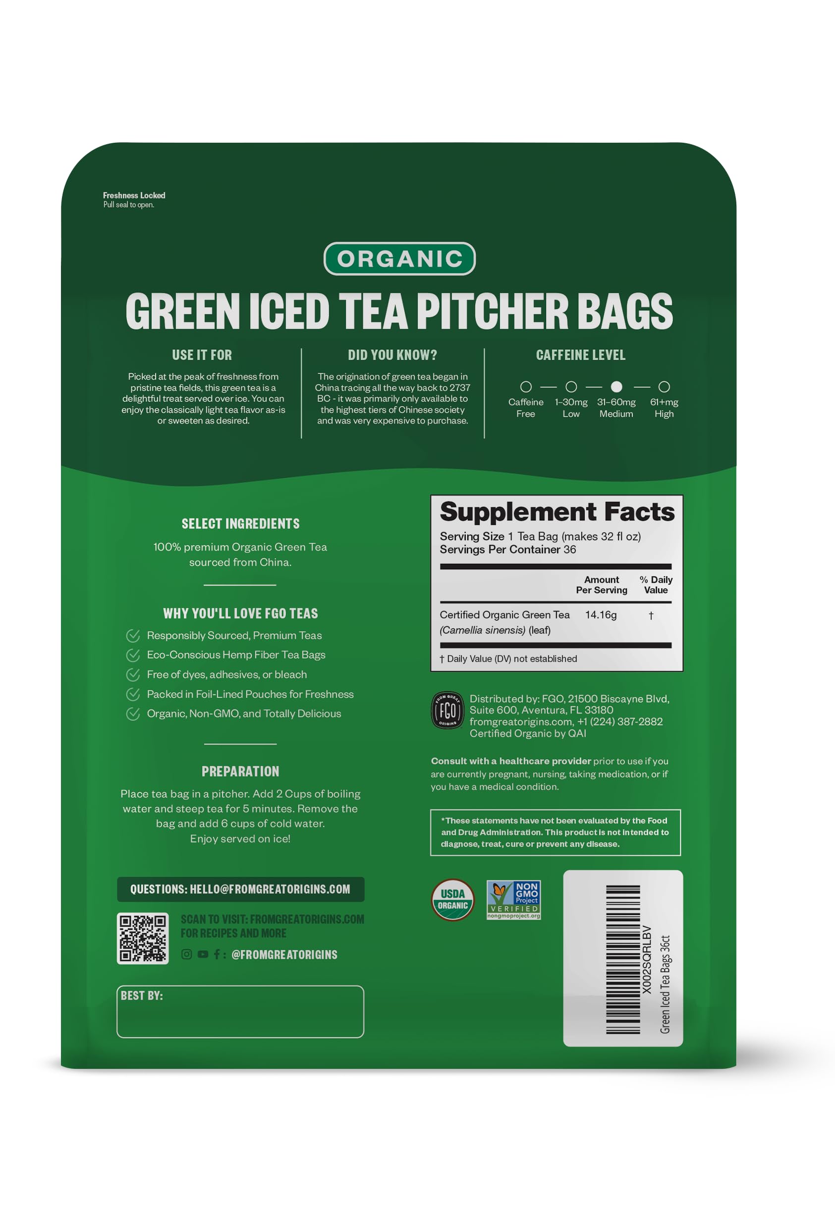 FGO Organic Green Iced Tea, Eco-Conscious Tea Bags, 36 Pitcher Bags, Packaging May Vary (Pack of 1)